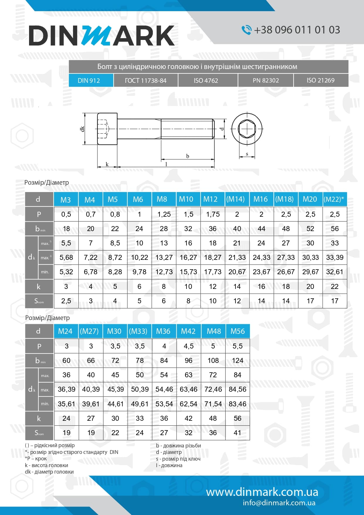Купить Болт DIN 912 M30x450 10,9 в Украине оптом | Dinmark